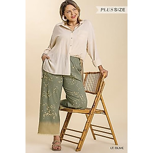 Umgee Linen Blend Bleach Dip Dye Elastic Waistband Wide Leg Pants with Pockets and Frayed Edged Hem