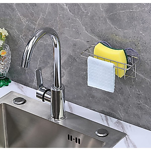 TESOT Sink Caddy Sponge Holder Dish Cloth Hanger 2 in 1 with Upgraded Suction Cups or Adhesive, SUS304 Stainless Steel, No Drilling, Silver