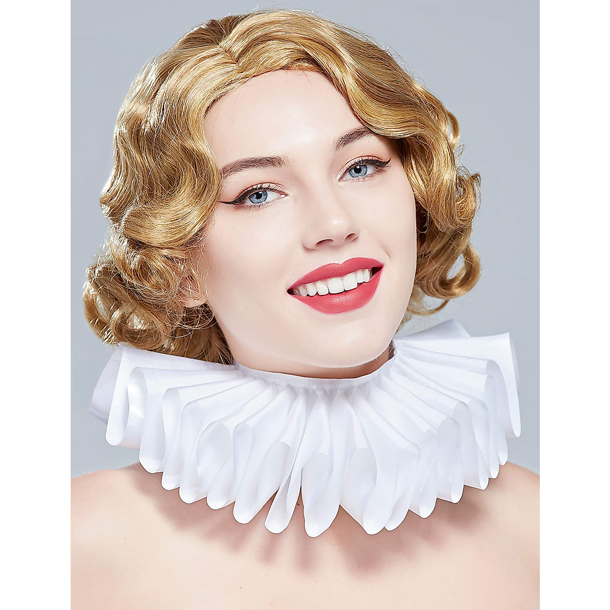 BABEYOND Renaissance Ruffled Neck Collar Vintage Clown Choker Wrap Renaissance Elizabethan Ruffle Layered Collar Scarf for Costume Party (White)