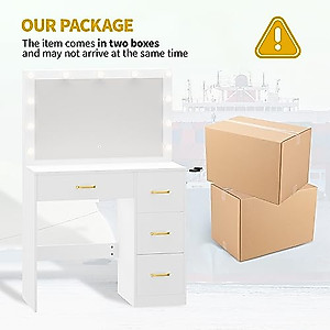 DWVO Makeup Vanity with Large Lighted Mirror, Vanity with Power Outlet, 3 Color Lighting Modes, Adjustable Brightness, 4 Drawers Vanity with Cushioned Stool for Women Girls, Pearl-White