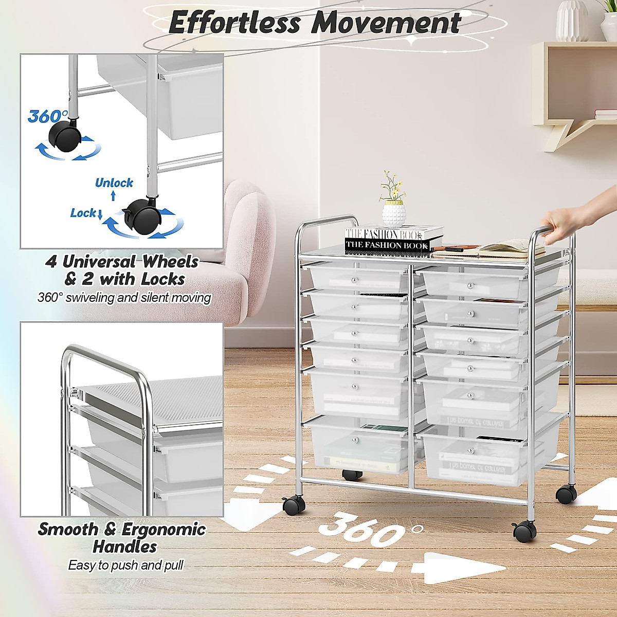 COSTWAY 12-Drawer Rolling Storage Cart, Moveable Art Craft Organizer W/Lockable Wheels, Metal Shelf, Files Arrangement Tools Makeup Storage Cart for Office, Home, School (Clear)