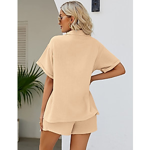 Flygo Women's 2 Piece Shirts Sets Short Sleeve Summer Casual Linen Shirt Elastic Waist Short Sets Outfits(Ginger-XL)