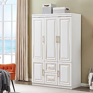 VivaVista White Armoire Wardrobe Closet with 3 Doors Wooden Bedroom Armoires Clothes, Wood Wardrobe Closets Storage Cabinet with Hanging Rod Shelves Drawers Closets
