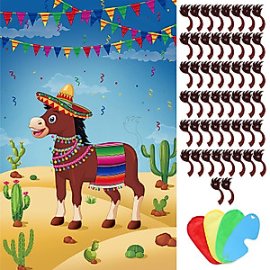 Hxezoc Pin The Tail On The Donkey Party Game With 50 Pcs Tails Large Mexican Donkey Games Poster for Kids Birthday Party Carnival Fiesta Party Supplies