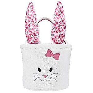 Easter Eggs Basket, Fluffy Bunny Baskets Cute Plush Rabit Basket with Foldable Bunny Ears, Easter Egg Hunts Easter Theme Party Supplies for Boys Girls (Pink)