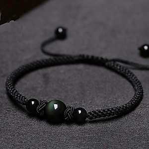 MENGLINA Men Women Handmade Lucky Chinese Knot Adjustable Rope Couple Bracelets Natural Red Agate Stone Black Obsidian Ball Beads Braided Feng Shui Bracelet Lovers Jewelry (Multicolor)