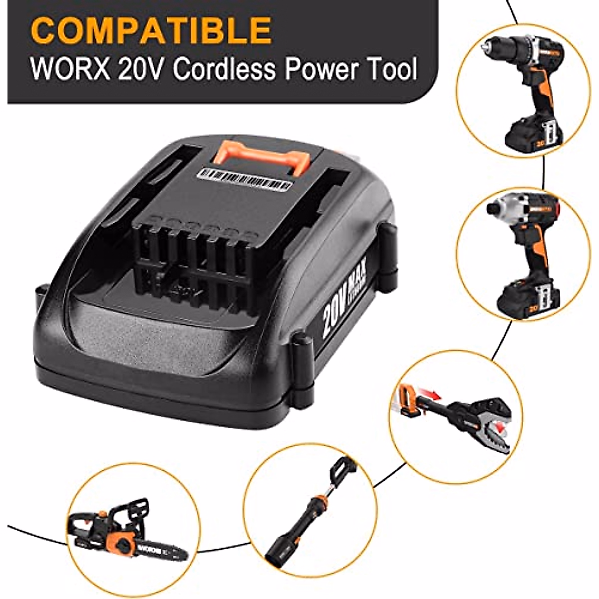 Powilling 2Pack Replacement Battery for Worx 20 Volt Battery Lithium 3.5Ah WA3520 WA3525 WG151s, WG155s, WG251s, WG255s, WG540s, WG545s, WG890, WG891