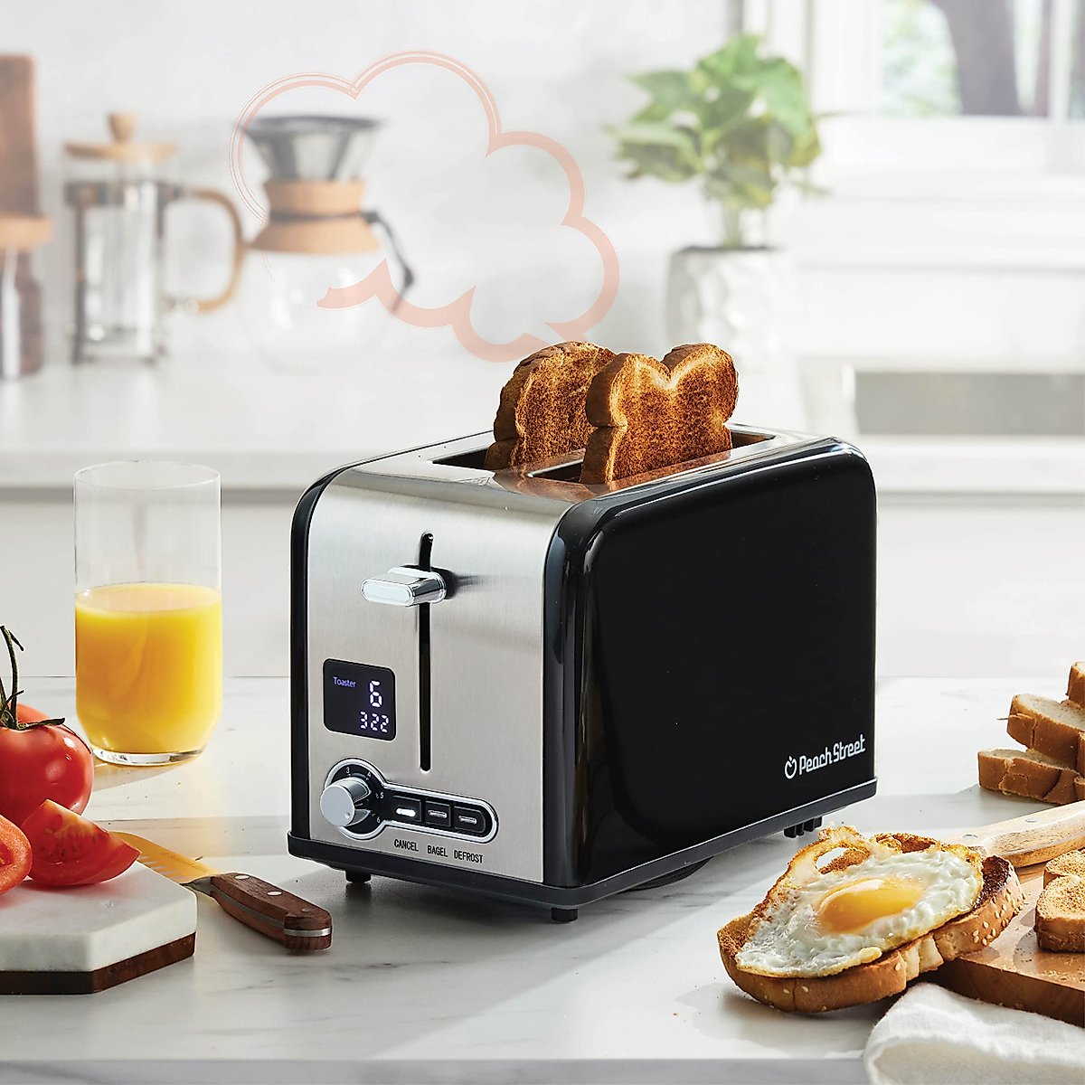 Peach Street 2 Slice Toaster Compact Bread Toaster with Digital Countdown, Wide Slots, Auto-Pop Stainless Steel, 6 Browning Levels, Removable Crumb Tray, with Defrost, Bagel, and Cancel Function