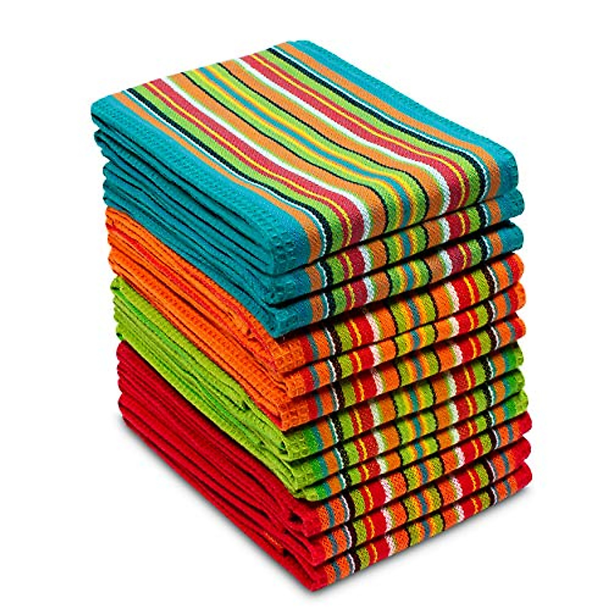 COTTON CRAFT Salsa Stripe Kitchen Towels - 12 Pack 100% Cotton Tea Dish Towels - Absorbent Reusable Low Lint Quick Dry - Multi Purpose Cooking Drying Restaurant Bar Cleaning Cloth Napkin - 16x28 Multi