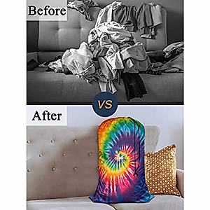 Swono Tie Dye Laundry Bag Drawstring Closure Colorful Psychedelic Rainbow Abstract Pattern Heavy Duty Laundry Portable for Home Dorm Room Essentials for Travel Camp, Oxford Cloth, Spiral