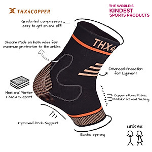 Thx4 Copper Infused Compression Ankle Brace,Silicone Ankle Sleeve Support, Pain Relief from Plantar Fasciitis, Achilles Tendonitis- Reduce Foot Swelling & Prevent Ankle Injuries - (Single)