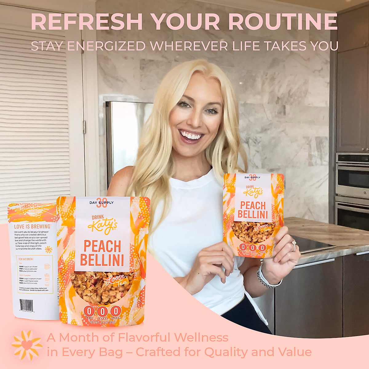 Katy’s Peach Bellini Loose Leaf Tea | Fruity & Refreshing White Herbal Tea | Caffeine-Free Peach Tea | 30+ Cups | Hot or Iced | Apple, Peach & Mango | Premium Quality | Woman-Owned | 2.75oz Pouch