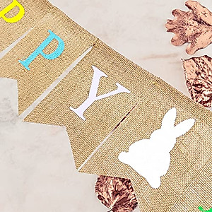 Doumeny Happy Easter Burlap Banner Easter Bunny Rabbit Bunting Garland Colorful Happy Easter Banner Bunting with White Rabbit Spring Easter Party Banner for Mantle Fireplace Wall Door Party Supplies