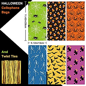 Whaline 150Pcs Halloween Cello Bags Cellophane Bags 6 Design with Twist Tie Candy Treat Bags Sweet Bags Pumpkin Spider Bat Bone Gift Bags Orange Party Favors for Halloween Day Table Decor