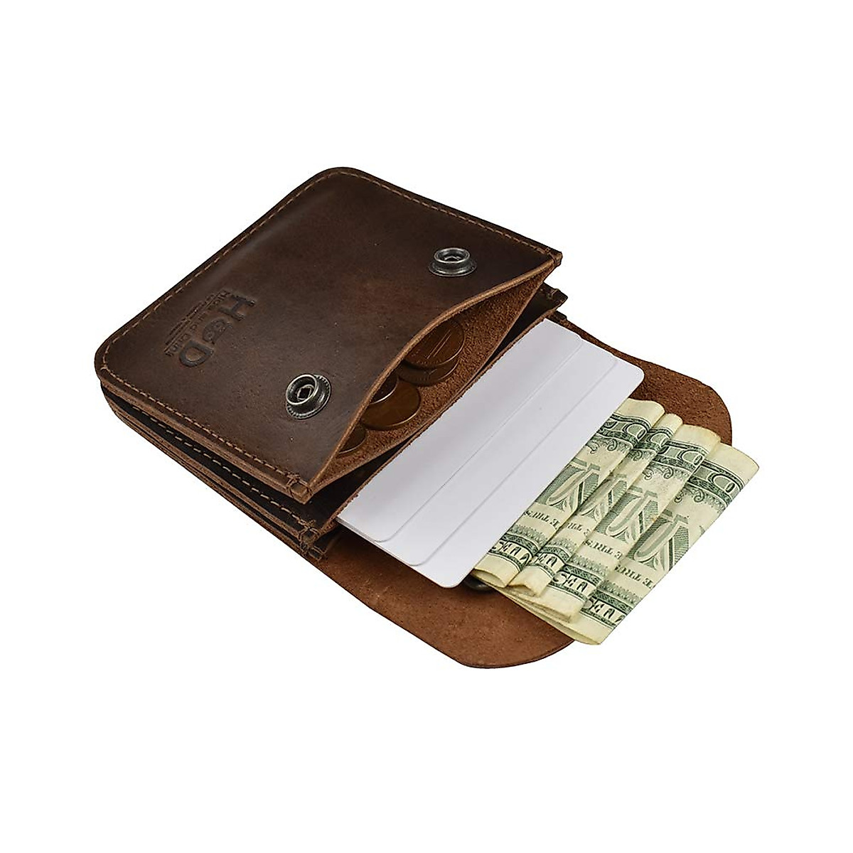 Hide & Drink, Wide Wallet with Slots for Cards, Coins, and Folded Bills, Cash Organizer, Coin Case, Travel Accessories, Full Grain Leather, Handmade, Bourbon Brown
