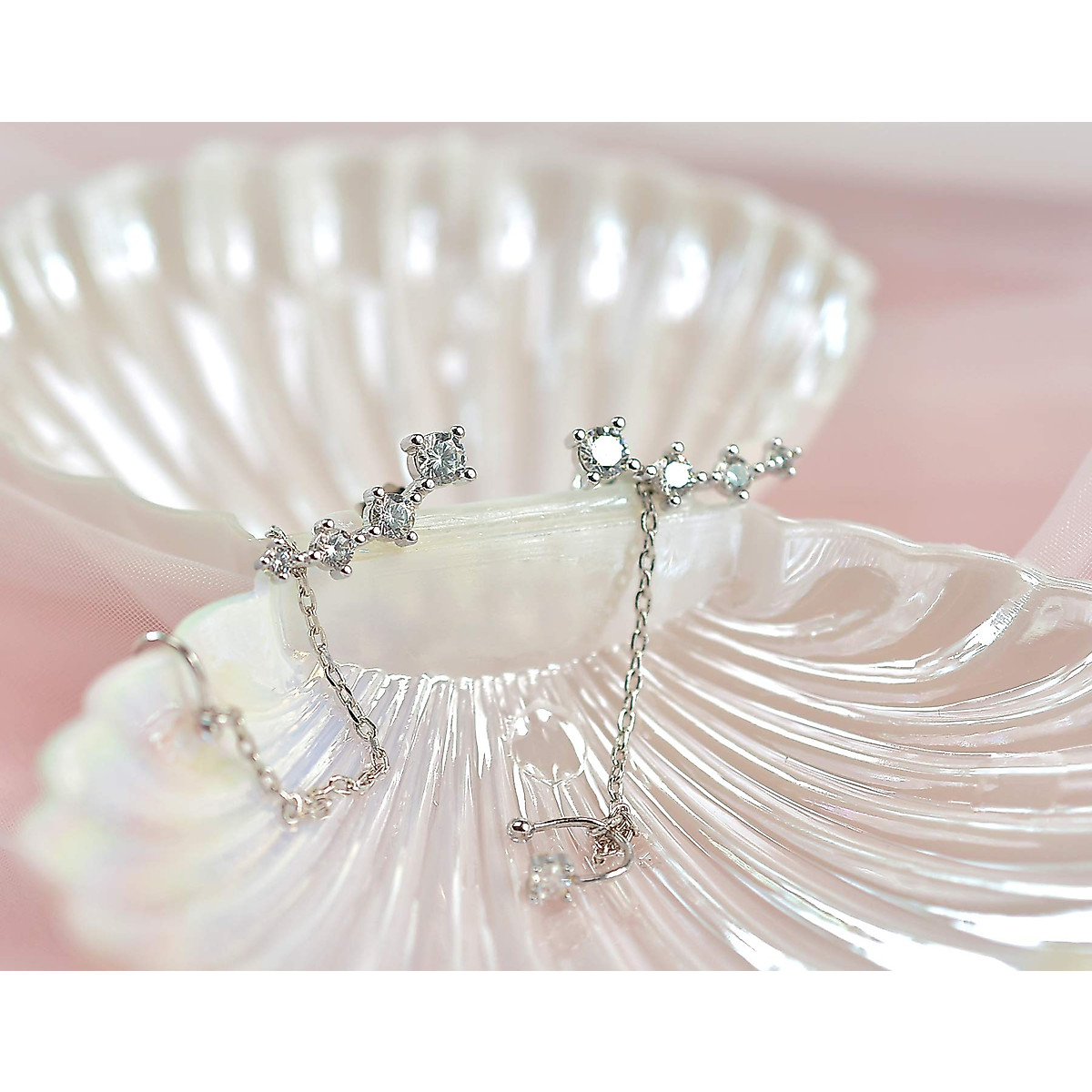 CZ 925 Sterling Silver 14K Gold Plated Ear Crawler Hypoallergenic 4 Crystals Stud Earring with Chain Threader Earrings for Women (White Gold)