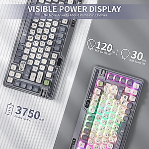KZZI K75 PRO RGB 75% Wireless Gasket Mechanical Keyboard, Triple Mode BT 5.0/2.4G/USB-C 82 Keys Hot Swappable Gaming Keyboard w/Knob & Power Display, Custom Linear Switches, Purple Gray