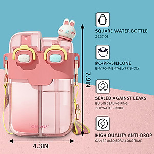 HiGropcore Kawaii Water Bottle Cute Water Bottles with Straw, Double Chamber Water Bottle with Adjustable Strap and Kawaii 3D Stickers, Portable Leakproof Water Jug, 26oz
