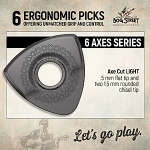 Bog Street Axe Cut Thin Guitar Pick Pack Of 6 - Made in USA Ergonomic Guitar Picks Thin, Non Slip Light Guitar Picks, Black Color