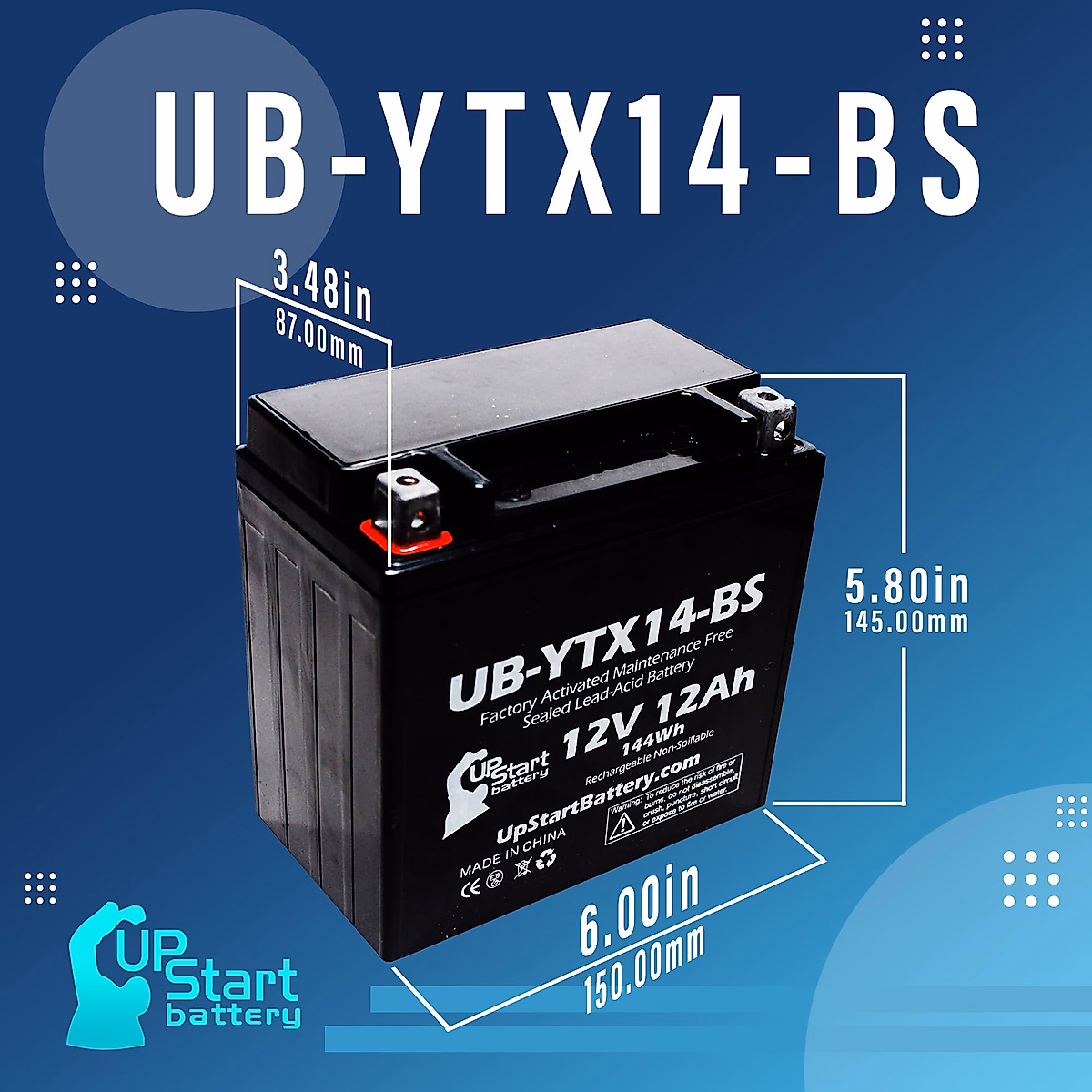 Replacement for 2006 Honda TRX350 Rancher 350 CC Factory Activated, Maintenance Free, ATV Battery - 12V, 12AH, UB-YTX14-BS