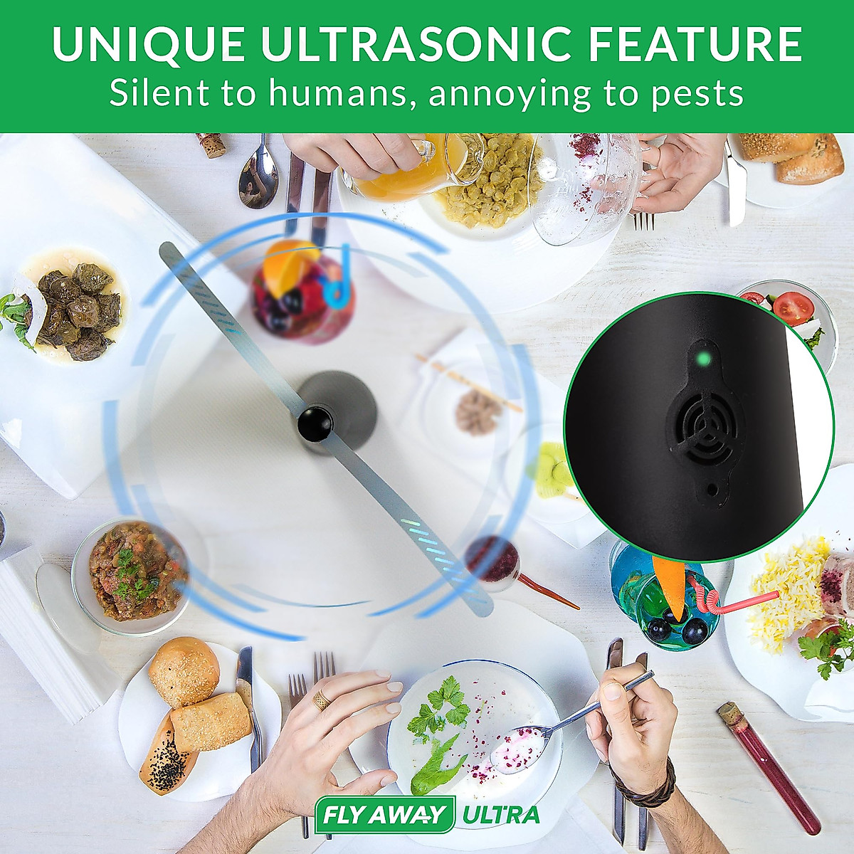 Fly Away Ultra - 2 Pack Rechargeable Outdoor Fly Fans for Tables with Ultrasound, Outdoor or Indoor Tabletop use, Restaurant, Barbeque, Events, Deter Flies, Wasps, Bees, Moscas and Bugs, Hanging Hook.