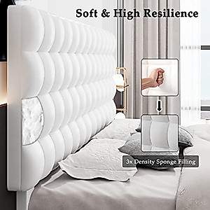 Feonase King Size Bed Frame with Square Stitched Headboard, Faux Leather Upholstered Platform Bed Frame, High-Density Sponge Filled, Solid Wood Slats, No Box Spring Needed, Noise-Free, White