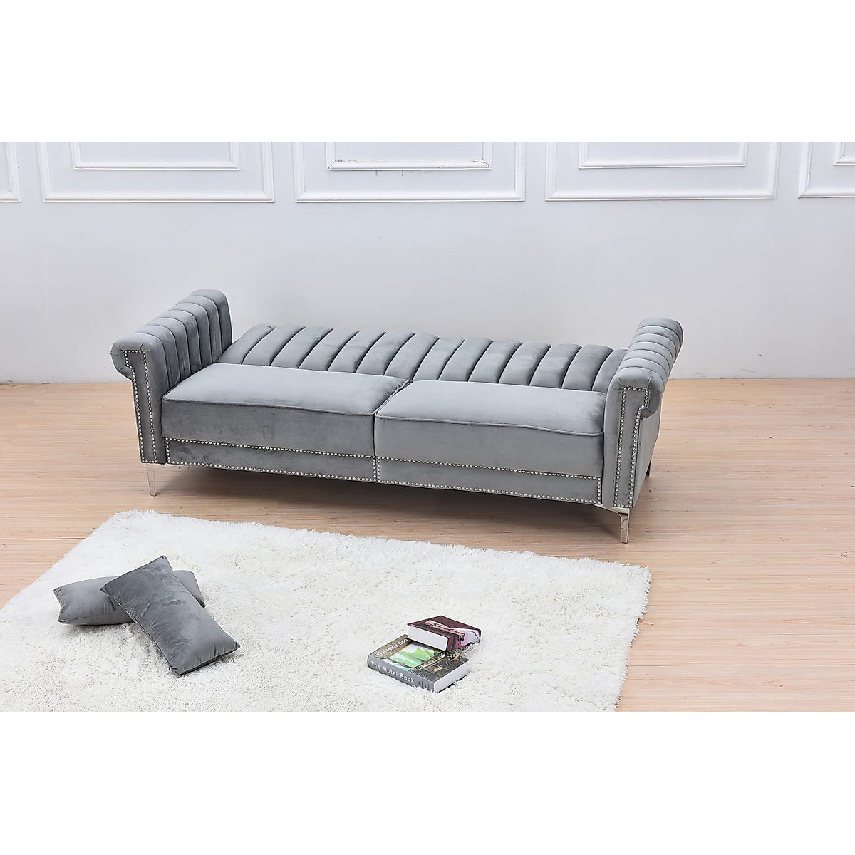 Legend Vansen Loveseat Tight Back Convertible Velvet Sofa Sleeper Living Room and Bedroom Sofabed, 85'' Wide, Grey