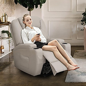 yoyomax Breathable leather Lift Recliner Chair, Oversized Upholstered Heated Massage Chair, Electric Power Rocker with Drink Holders - Adjustable Living Room Chair for Back, Lumbar, Legs- LightGrey