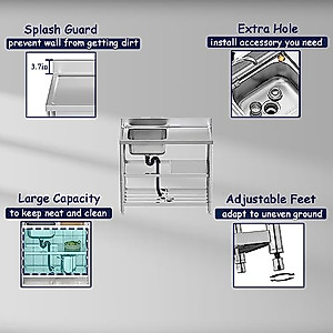 IOXGSGI Free Standing Stainless-Steel Single Bowl Commercial Restaurant Kitchen Sink Set W/Faucet & Drainboard, Prep & Utility Washing Hand Basin Wwworkbench & Double Storage Shelves (39.5In)