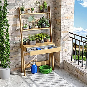Tangkula Ladder Desk with Countertop & Drawer, Freestanding 2-Tier Ladder Shelf Desk, Modern Computer Desk Laptop Table with Storage Bookshelf, Anti-Toppling Device (Natural)