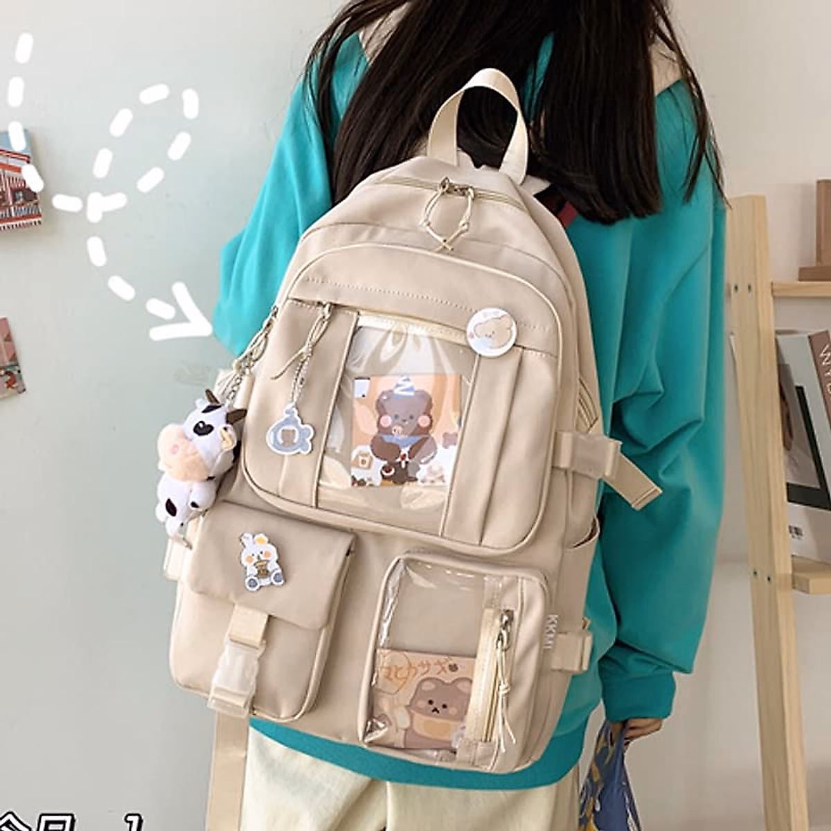 Kawaii Backpack with Pins Kawaii School Backpack Cute Aesthetic Backpack Cute Kawaii Backpack for School (Beige,With Accessories)