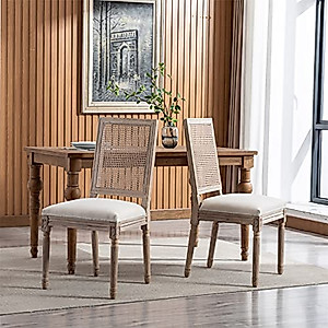French Dining Chairs Set of 2, 2 Pack Vintage French Dining Chairs Set, Wood Frame Linen Fabric Seating Chairs with Painting Rattan Back, Living Room Chairs with Wood Legs, Easy Assembly, Cream