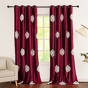 VOGOL Burgundy Thermal Curtains, Floral Noise Reducing Bedroom Curtains 84 Inch Length Soft Velvet Room Darkening Grommet Drapes, 2 Panels Bundle with Matching Throw Pillow Cover (18x18 in)