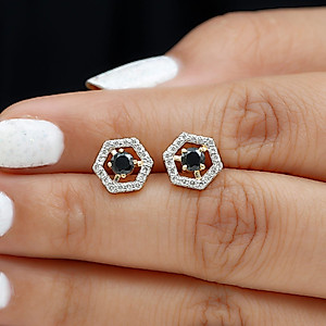 Certified Black Spinel and Diamond Geometrical Stud Earrings for Women | 1 Cttw | AAA Quality, 14K Yellow Gold