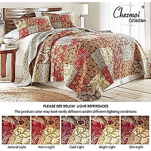 Chezmoi Collection Leslie 3-Piece Floral Patchwork Pre-Washed 100% Cotton Quilt Set, Queen