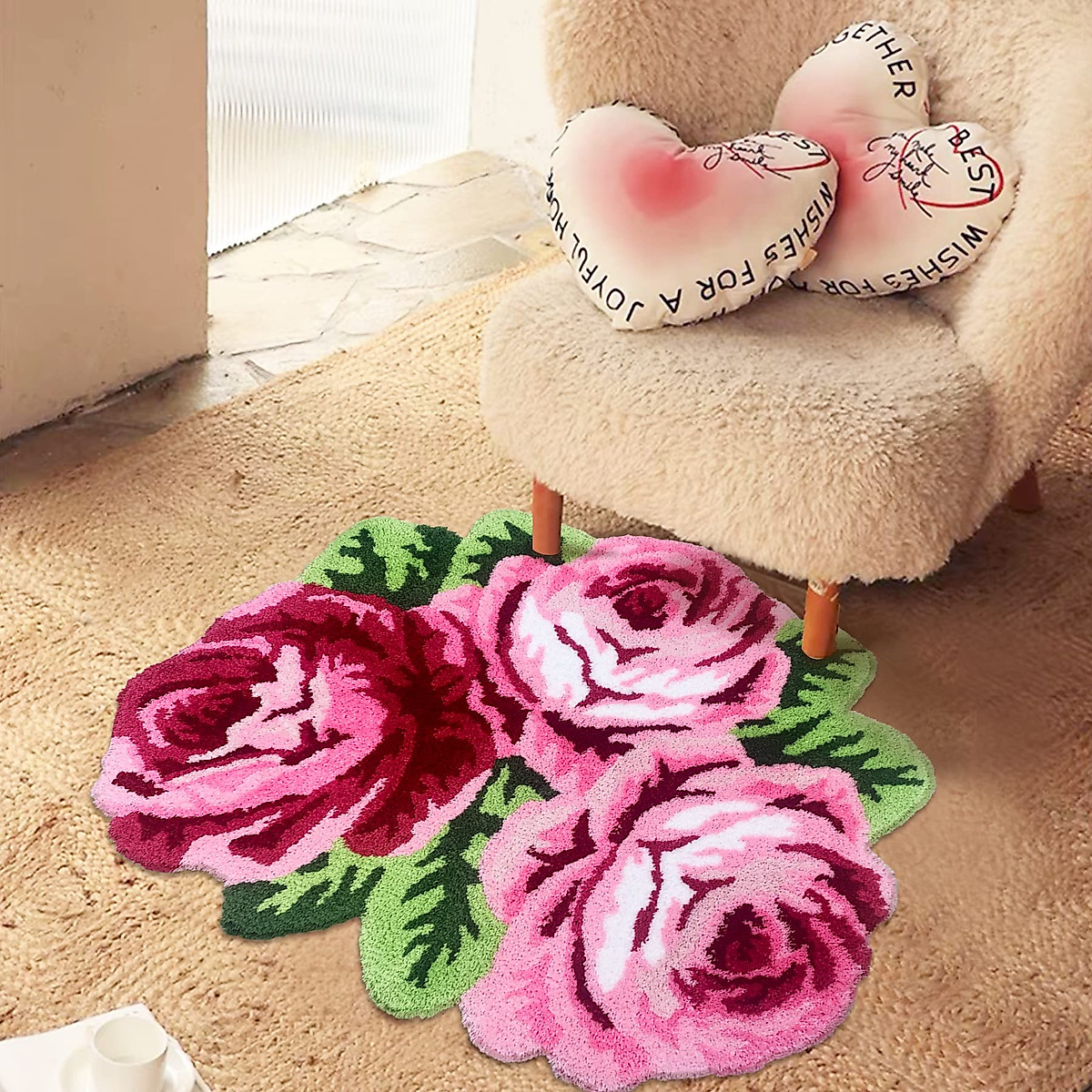 ABREEZE 3 Rose Shaped Rug Pink Roses Rug Shaggy Bath Mat Anti-Slip Mat Personalized Custom Carpets Doormat Bathroom Rug Super Water Absorbent, Machine Washable
