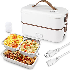CTSZOOM Self Cooking Electric Lunch Box, Portable Food Warmer for On-the-Go,Mini Rice Cooker 2 Layers 800ML Heated Lunch Box for Home Office School Cook Food White