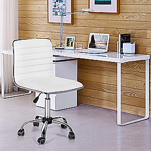 Yaheetech Adjustable Task Chair PU Leather Low Back Ribbed Armless Swivel Desk Chair Office Chair Wheels White, Set of 2