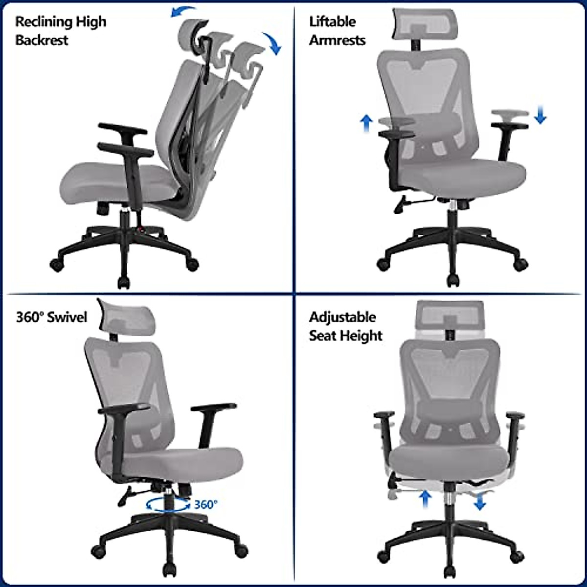 Yaheetech Office Chair Ergonomic Computer Desk Chair with Adjustable Lumbar Support Armrest and Headrest, Swivel Working Study Chair for Home Office, Light Grey