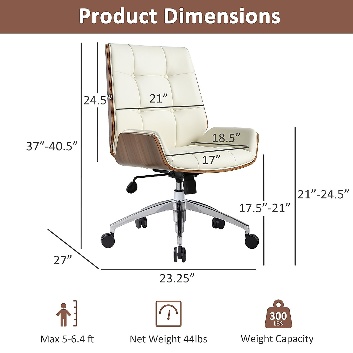 Executive Office Chair, Ergonomic Computer Desk Chair with Adjustable Height and Tilt Function, Solid Wood Arms and Base, 360° Swivel Leather Office Chair for Office Home Work, Creamy White