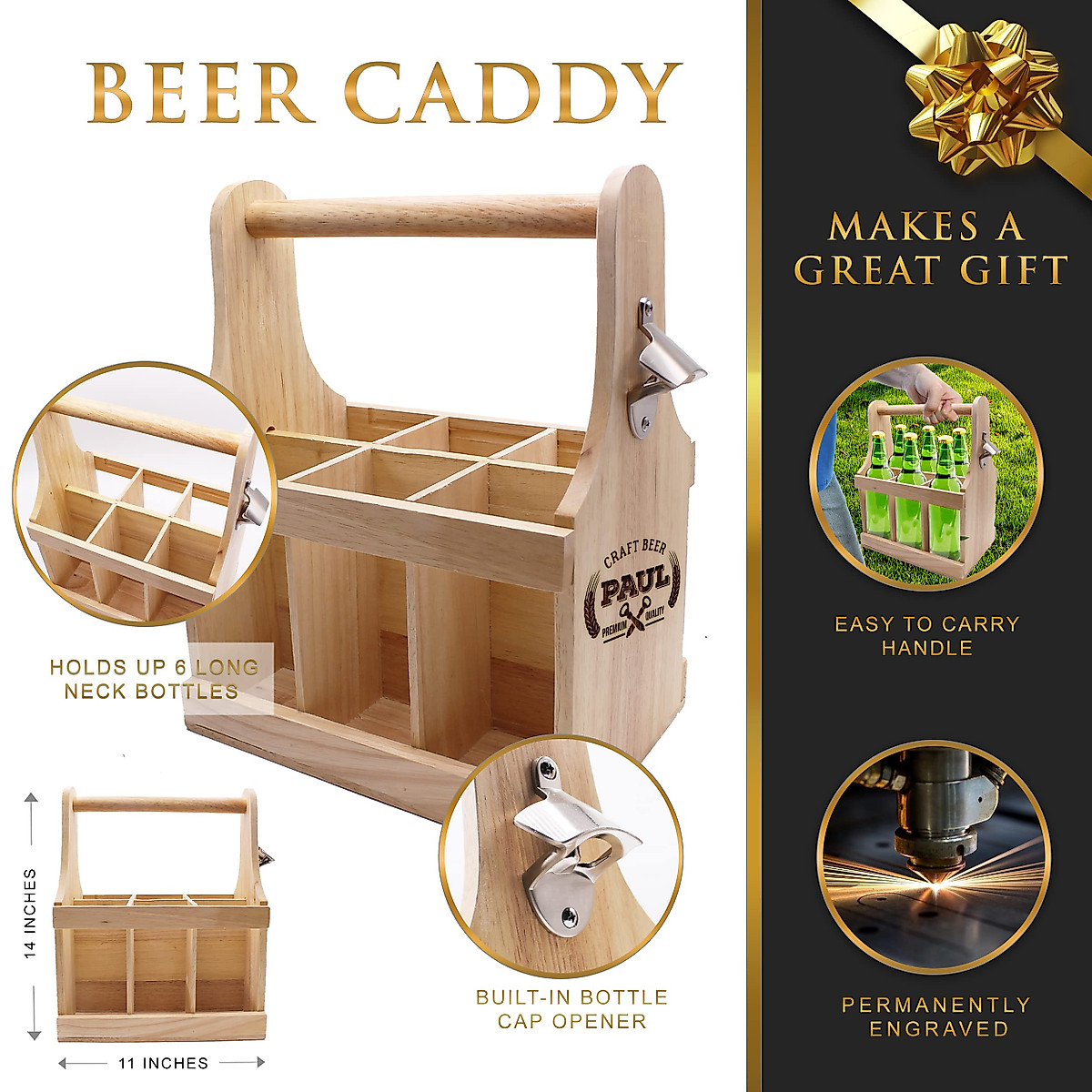 Custom Personalized Wooden 6 Pack Beer Caddy Carrier with Stainless Steel Opener