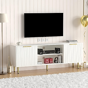 Furniwood TV Stand for 65+ Inch TV, Mid Century Modern TV Stand for Bedroom, TV Entertainment Center with Storage Cabinets, TV Consoles for Living Room, White