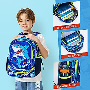 WAWSAM Shark Backpack for Boys - 15 Inch Boys Backpacks for Kids School Kindergarten Primary Elementary Schoolbag Bookbag Blue Backpack with Chest Strap and Bottle Pocket Travel Casual Daypacks