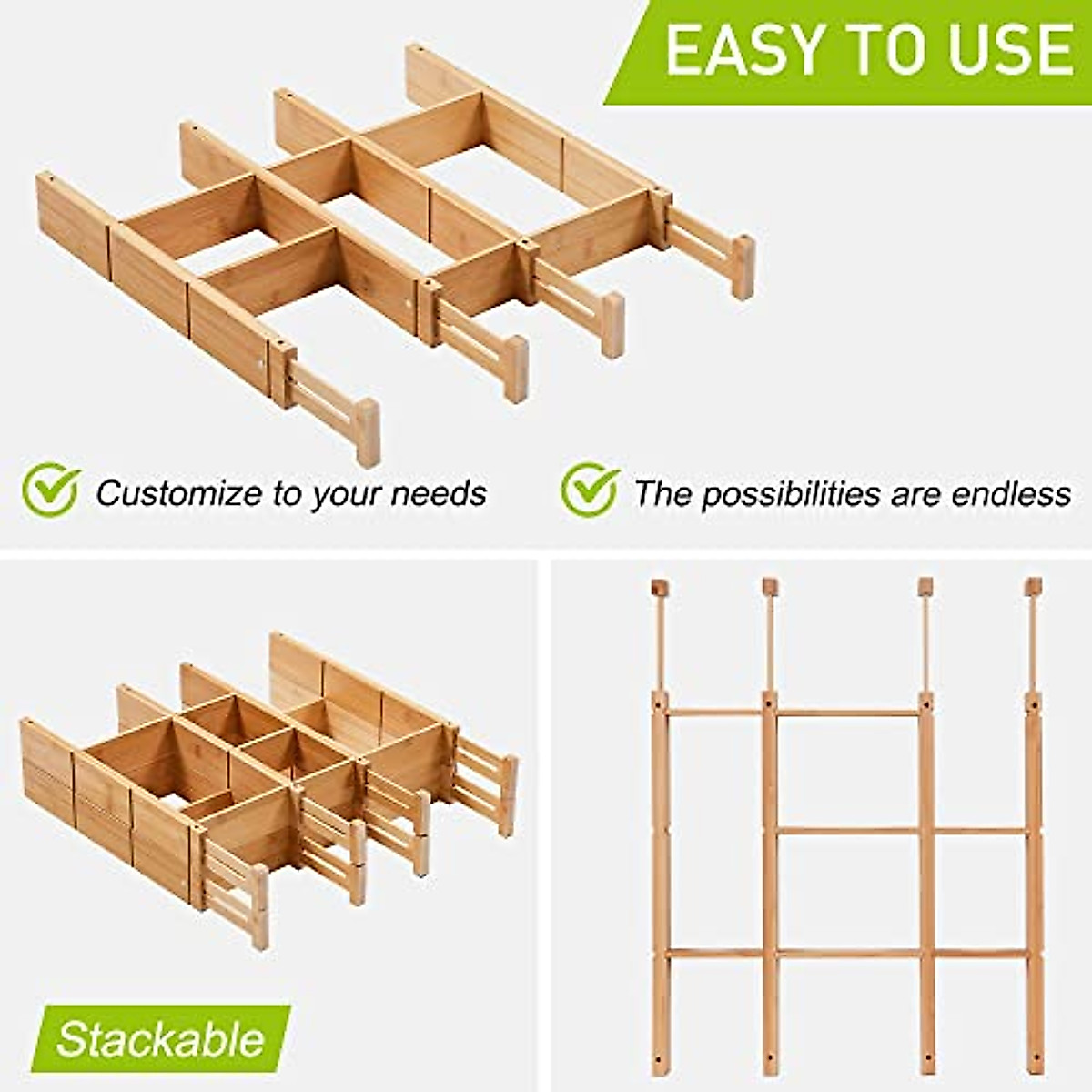 Bamboo Drawer Dividers for Clothes With 16 Inserts, Drawer Dividers Kitchen Utensils(16-20IN) Adjustable Expandable Deep Spring Loaded Separators Organizer for Office Silverware Dressers and Bathroom 8 Pack