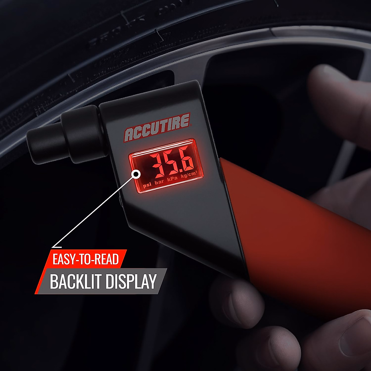 Accutire MS-4021R Digital Tire Pressure Gauge with 4 Valve Caps, 5-150psi (psi, bar, kPa, kg/cm2)