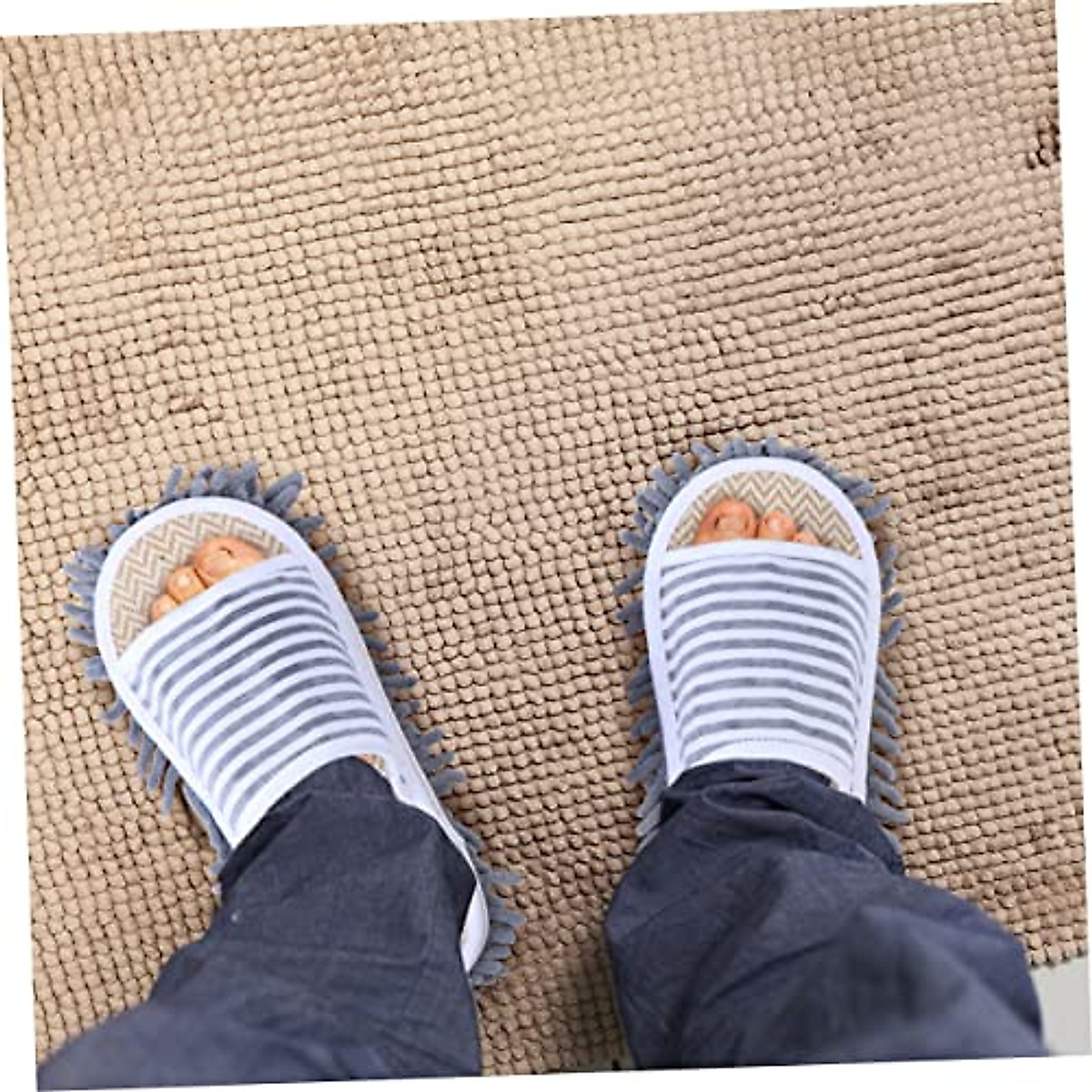 Healvian 1 Pair Slippers Cleaning Mops Floor Mops Interior Cleaner Floor Cleaner Chenille Slippers Indoor Slipper for Cleaning Cloth Shoes Cleaning Slipper Antiskid Footwear Grey Man Stripe