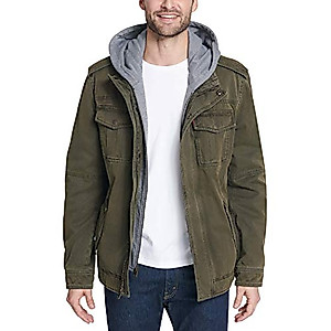 Levi's Men's Washed Cotton Hooded Military Jacket, Olive, Medium