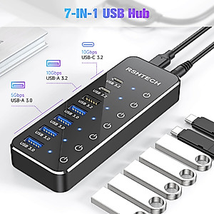 RSHTECH 7-Port Powered USB 3.2/USB C Hub with 10Gbps USB-A 3.2, 2 USB-C 3.2, 4 USB 3.0 Ports, Individual Touch Switches, 3.3ft Cable and 5V Power Adapter, USB Hub Splitter for Laptop/PC, RSH-ST07C