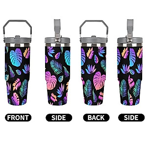 GemGam Stainless Steel Tumbler with Lid And Straw 30 Oz Top Handle Neon Tropical Palm Tree Leakproof Vacuum Insulated Water Bottle for Car Travel Purple Pink