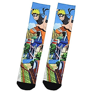 Bioworld Naruto: Shippuden Men's Jumping Naruto Hidden Leaf Village Buildings Crew Socks (8-12)